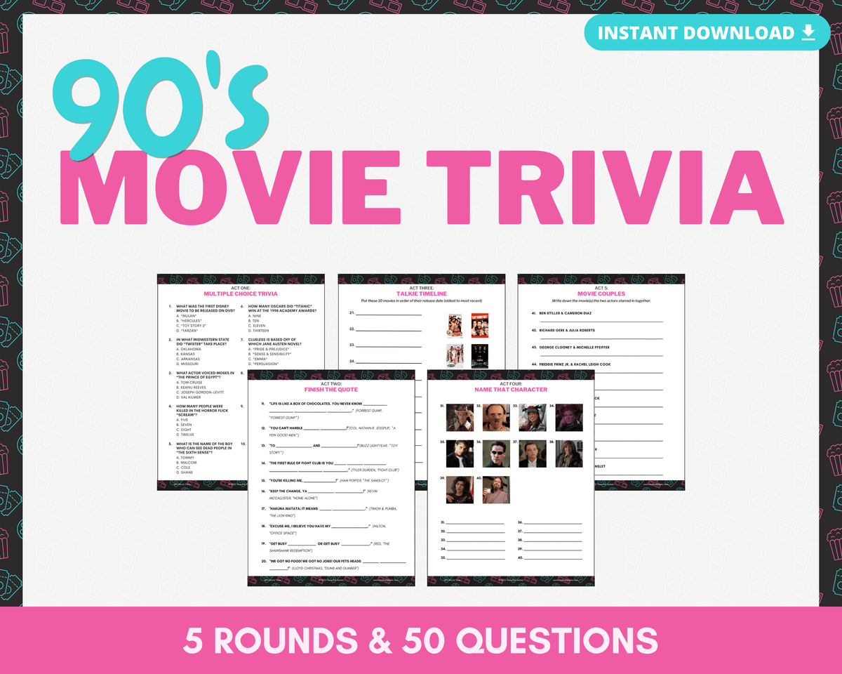 90's Movie Trivia Printable Party Game – Trivia Fox Games