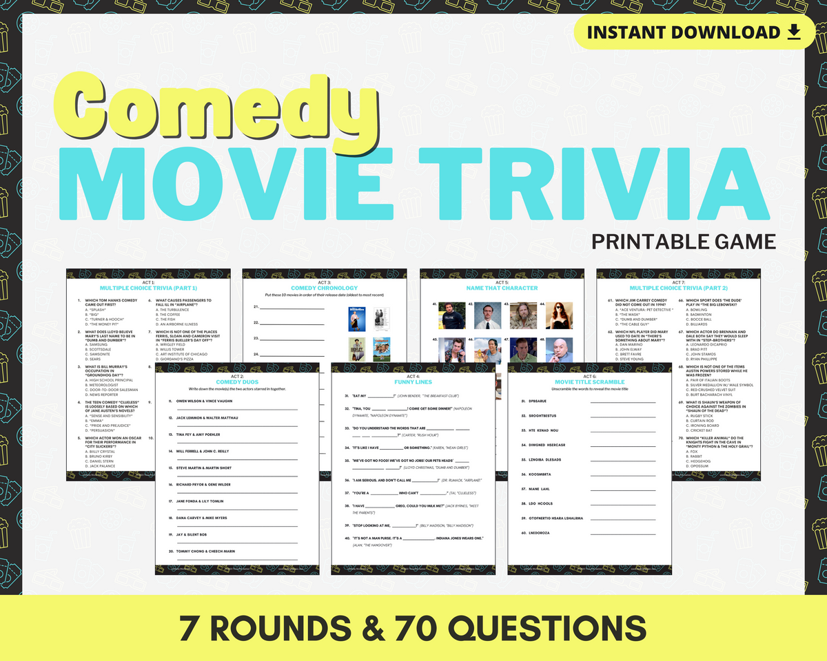 Comedy Movie Trivia Printable Party Game – Trivia Fox Games